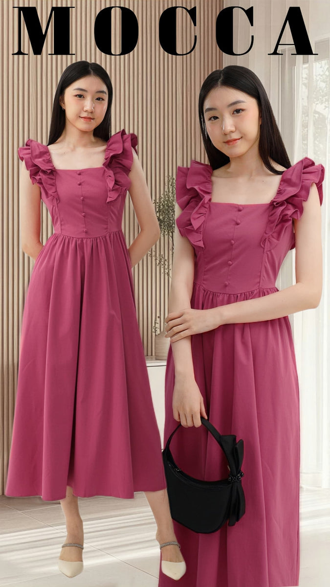 Ruffle Shoulder Midi Dress – Elegant Feminine Look | Mocca Brand – My ...